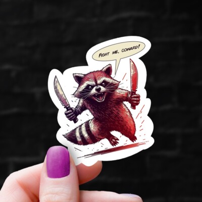 Fight Me Coward Raccoon Sticker | Funny Animal Decal | Humorous Laptop ...