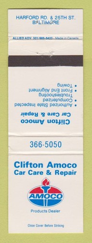 Matchbook Cover - Amoco oil gas Clifton ar Care Repair Baltimore MD | eBay