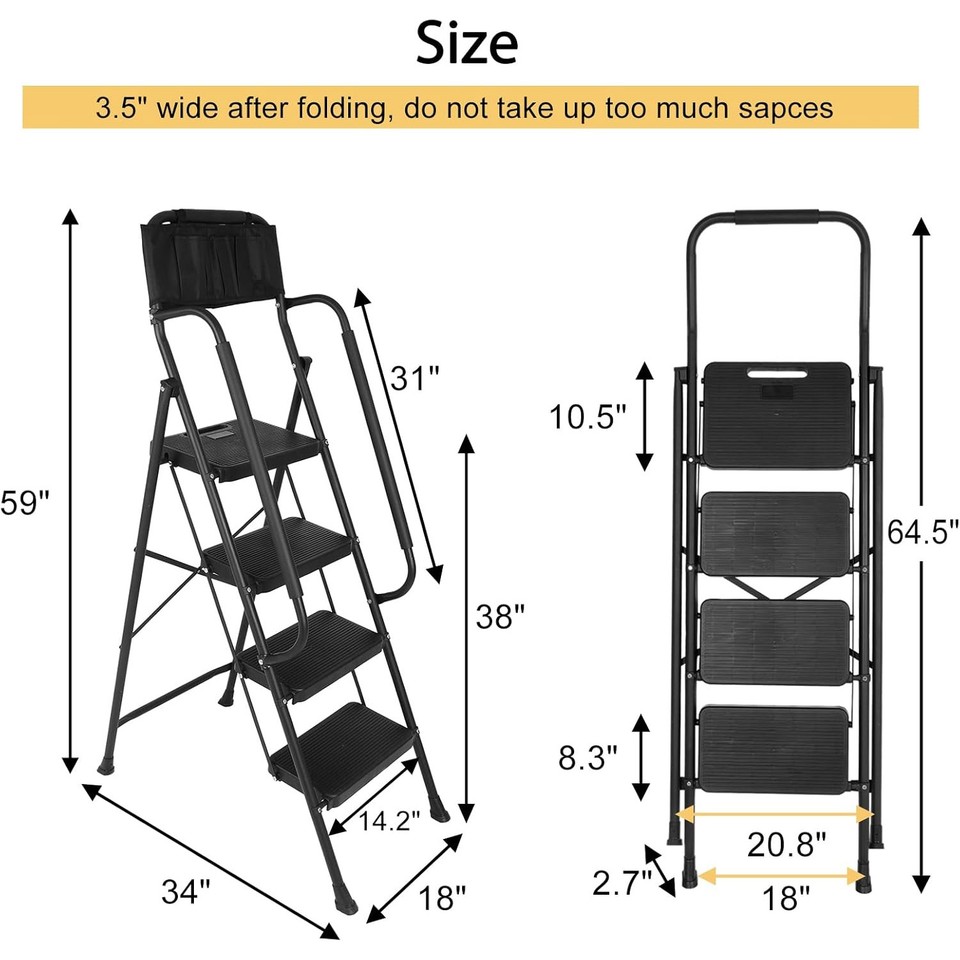 4 Step Ladder+Handrails & Attachable Tool Bag, Folding Step Stool ...