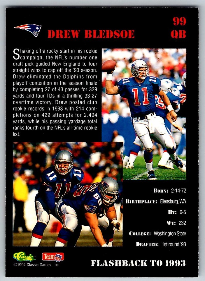 1994 CLASSIC NFL DRAFT DREW BLEDSOE NEW ENGLAND PATRIOTS #99 | eBay