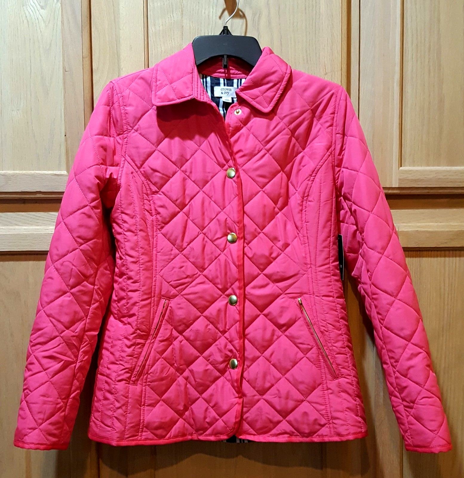 Crown & Ivy Pink Pop Quilted Barn Jacket w/Navy Striped Lining, XS ...