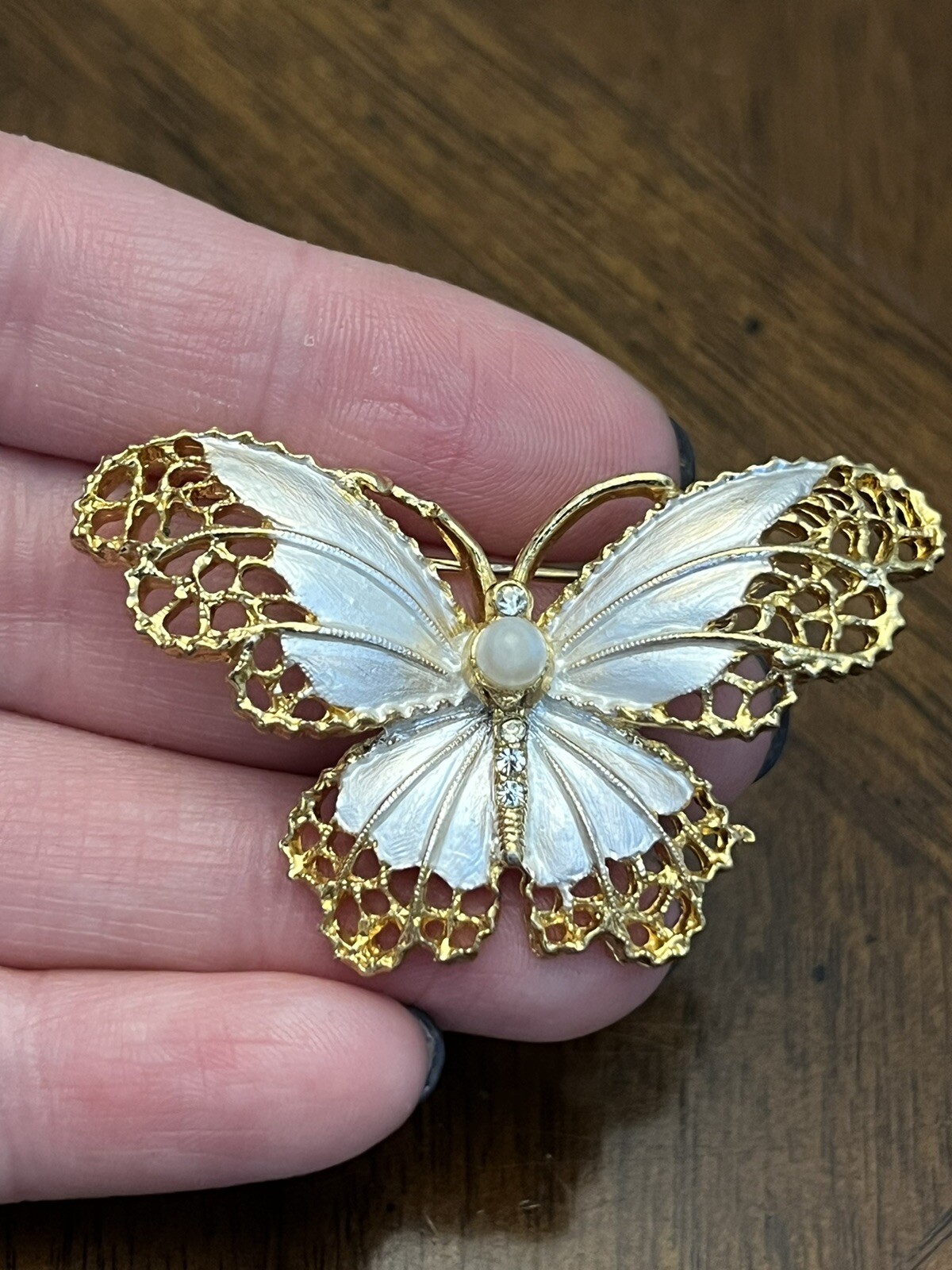 Vintage BSK Silver/White Butterfly Brooch Gold Tone F… - Gem