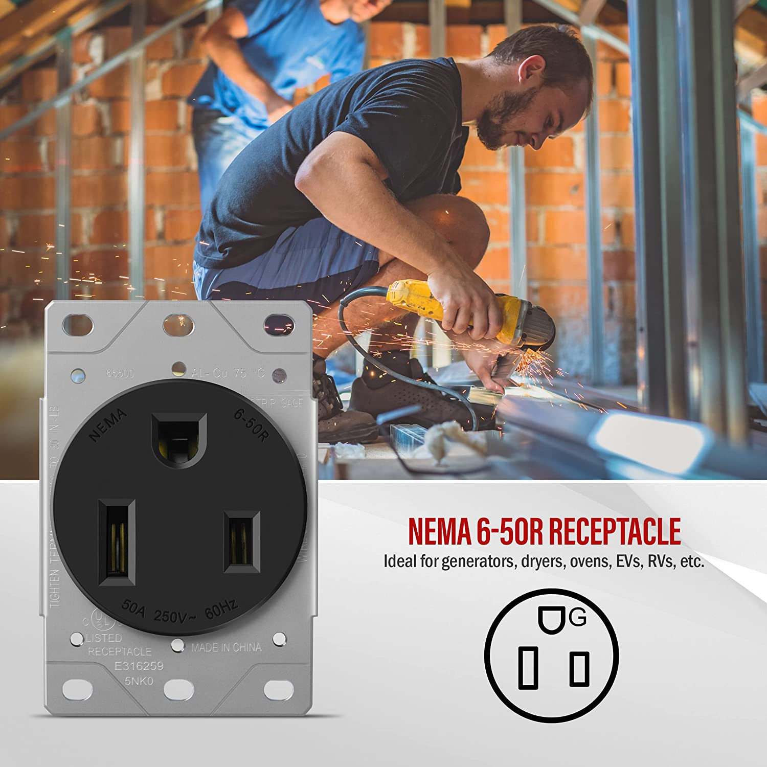 50 Amp 125/250V NEMA 6-50R Power Outlet Heavy-Duty 50A Receptacle for ...