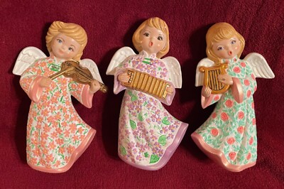 VINTAGE HAND PAINTED CERAMIC CHRISTMAS ANGELS W/ MUSICAL INSTRUMENTS ...