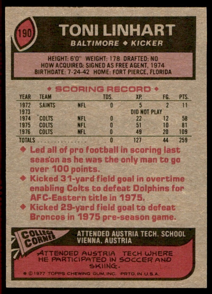 1977 Topps Toni Linhart Football Card Baltimore Colts #190 | eBay