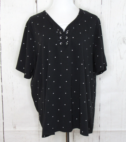 Catherines Short Sleeve Knit Top Black White Star Print Lace Up Grommet ...