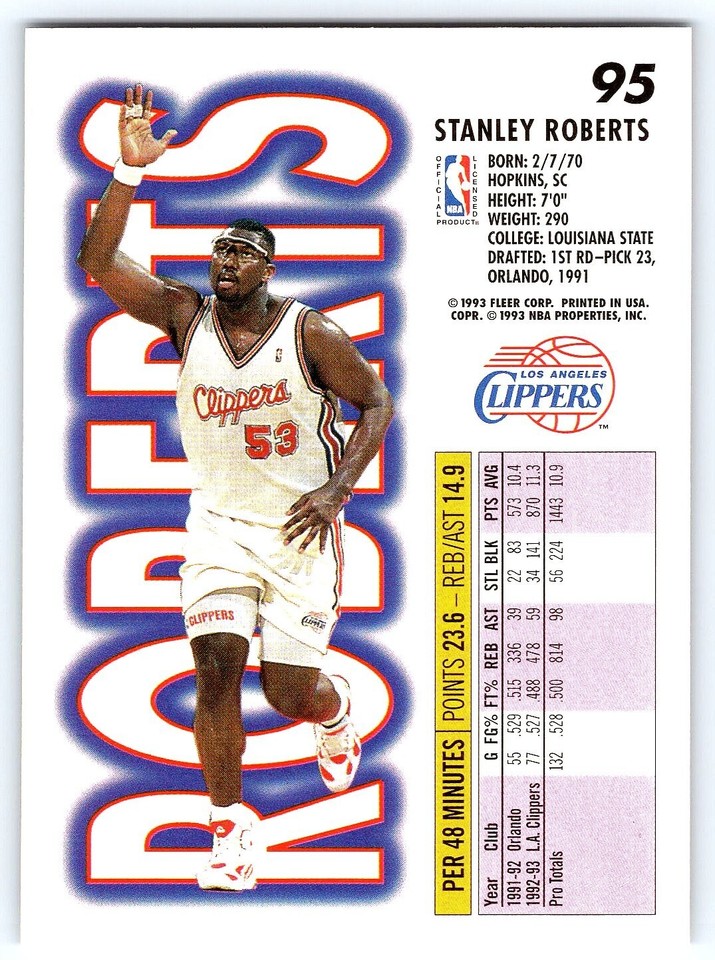 1993-94 Fleer Basketball - #95 Stanley Roberts Los Angeles Clippers | eBay