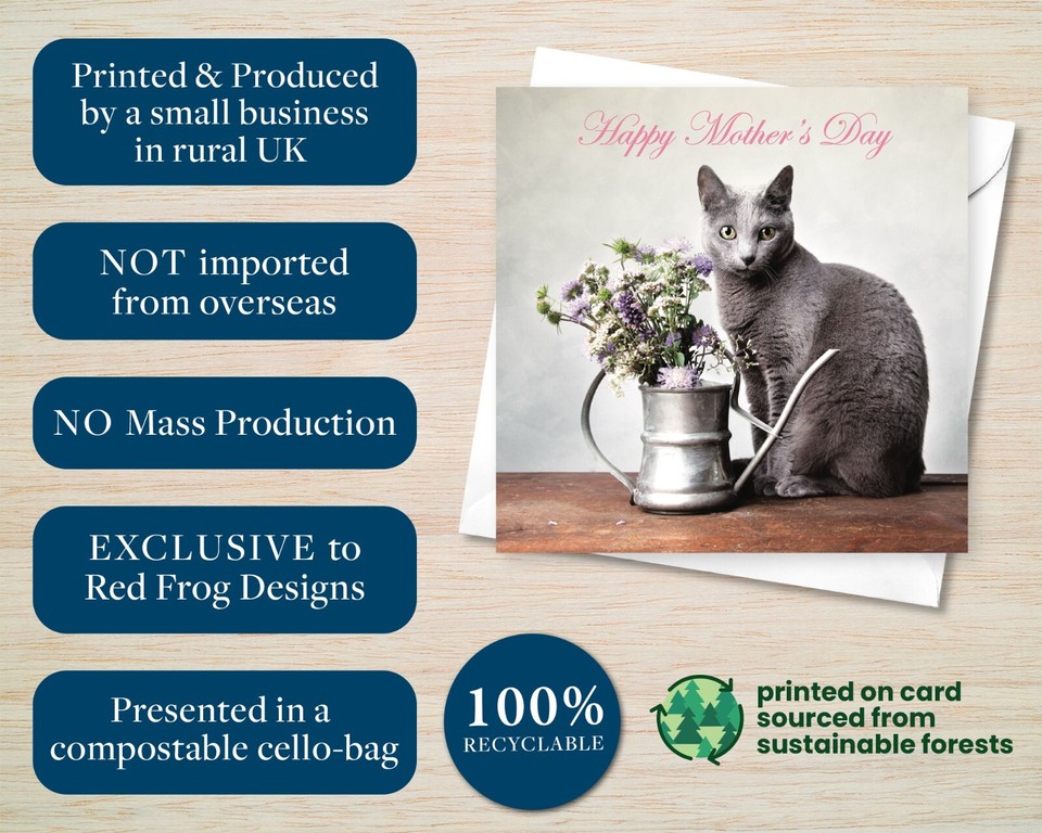 Russian Blue Cat Mothers Day Card Mum Grey Cat suit Grandma Nan Mum Mam ...