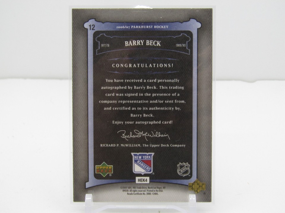 BARRY BECK 2006-07 PARKHURST CHAMPIONS AUTOGRAPH AUTO! NEW YORK ...