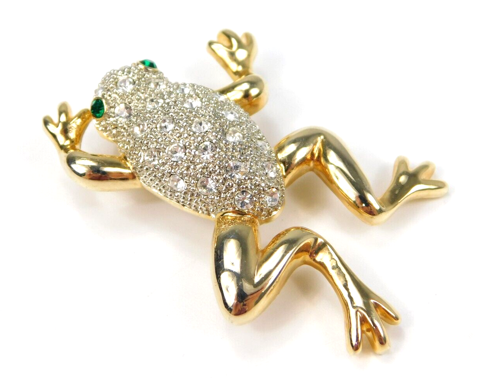 Vintage Landau Gold Tone Glass Rhinestone Green Eyed Frog Brooch Pin 2 ...