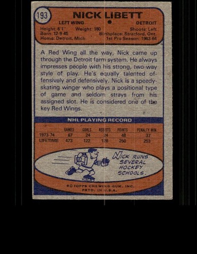 NICK LIBETT 1974 Topps Hockey #193 B1013R5S7P12 FREE SHIPPING | eBay