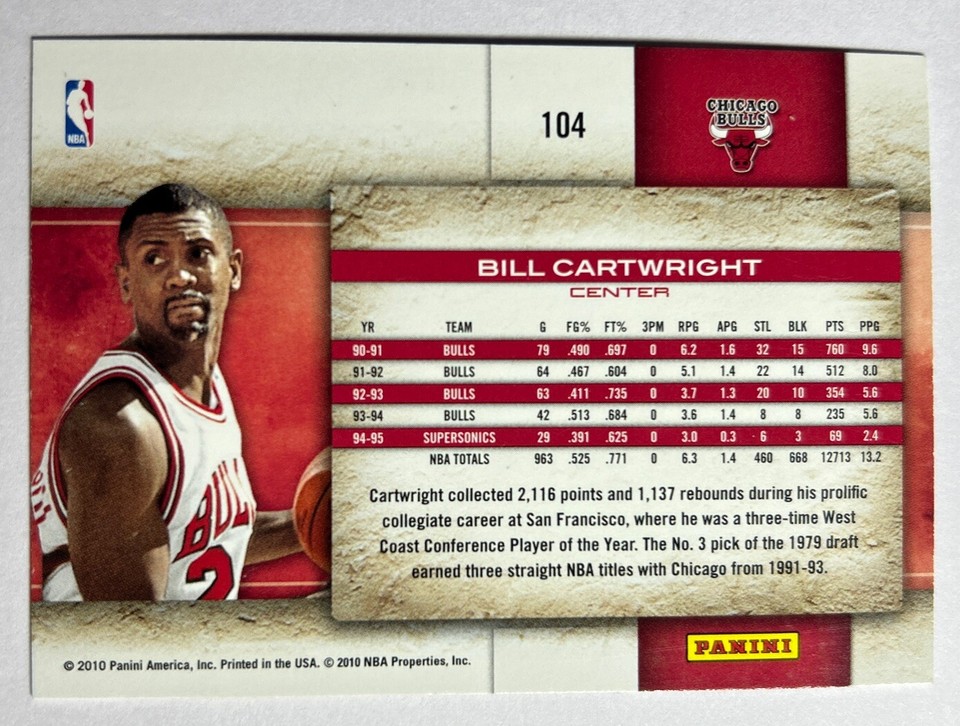 Bill Cartwright Autograph Card Chicago Bulls 2010 Panini Studio Legend ...