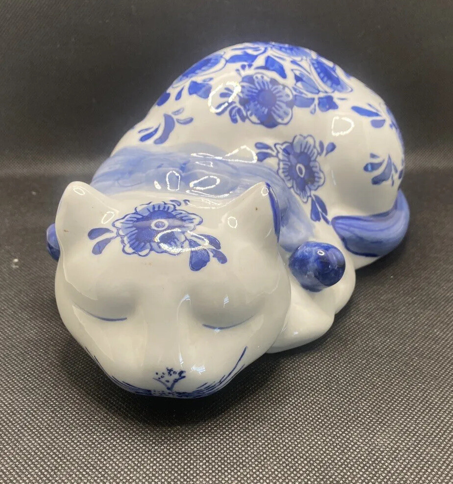Hand Painted White Porcelain Sleeping Cat with Royal Blue Delft Style ...
