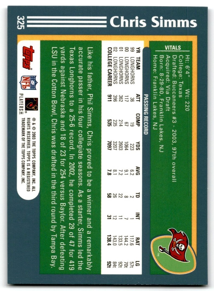 2003 Topps Chris Simms Rookie Tampa Bay Buccaneers #325 | eBay