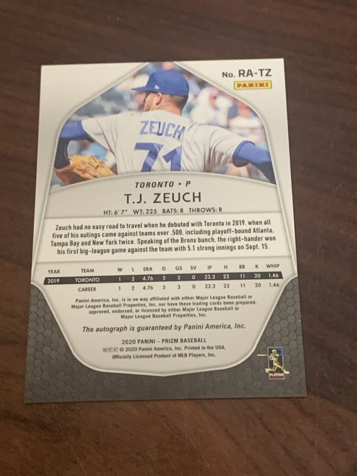 2020 Panini Prizm Silver RATZ TJ Zeuch Rookie Autograph | eBay