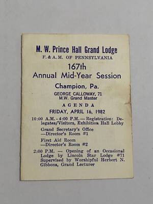 F.&A.M. of Pennsylvania M.W. Prince Hall Meeting Card 1982 Masons ...