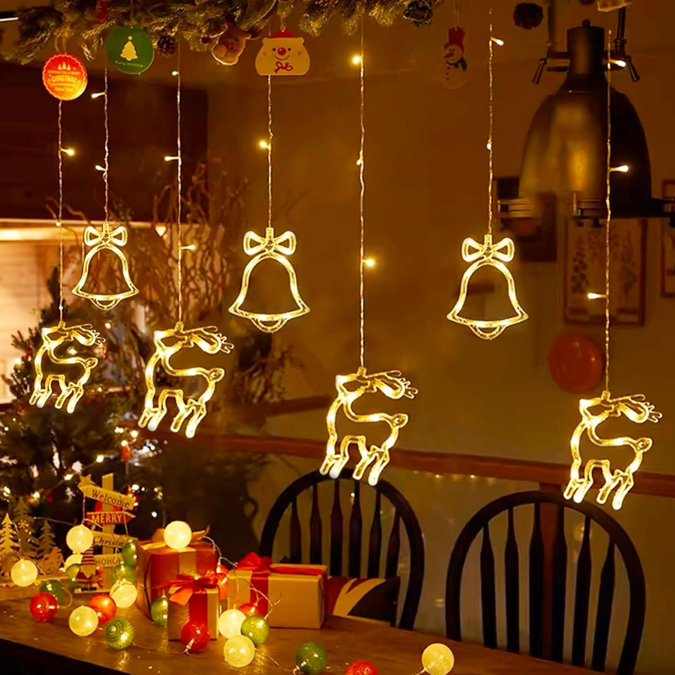 180 LED Warm White Christmas Curtain Lights with Reindeer & Bell ...