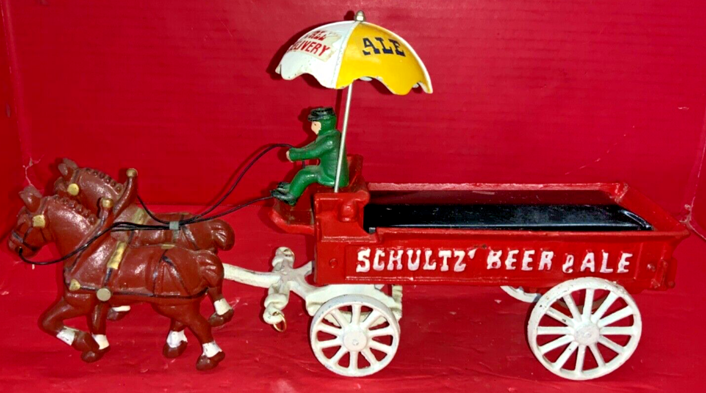 Schultz Beer & Ale Painted Cast Iron Toy Wagon Horse Drawn Carriage ...