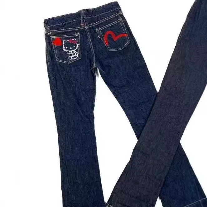 NEW Women Retro Kitty Cat Jeans Pants Casual Wide Trousers Pants Street ...