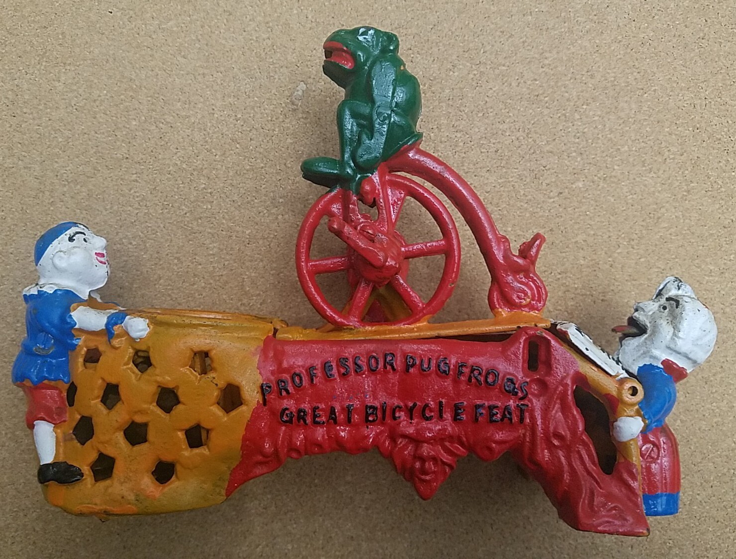 Vintage Cast Iron Mechanical Bank Professor Pug Frogs Great Bicycle ...