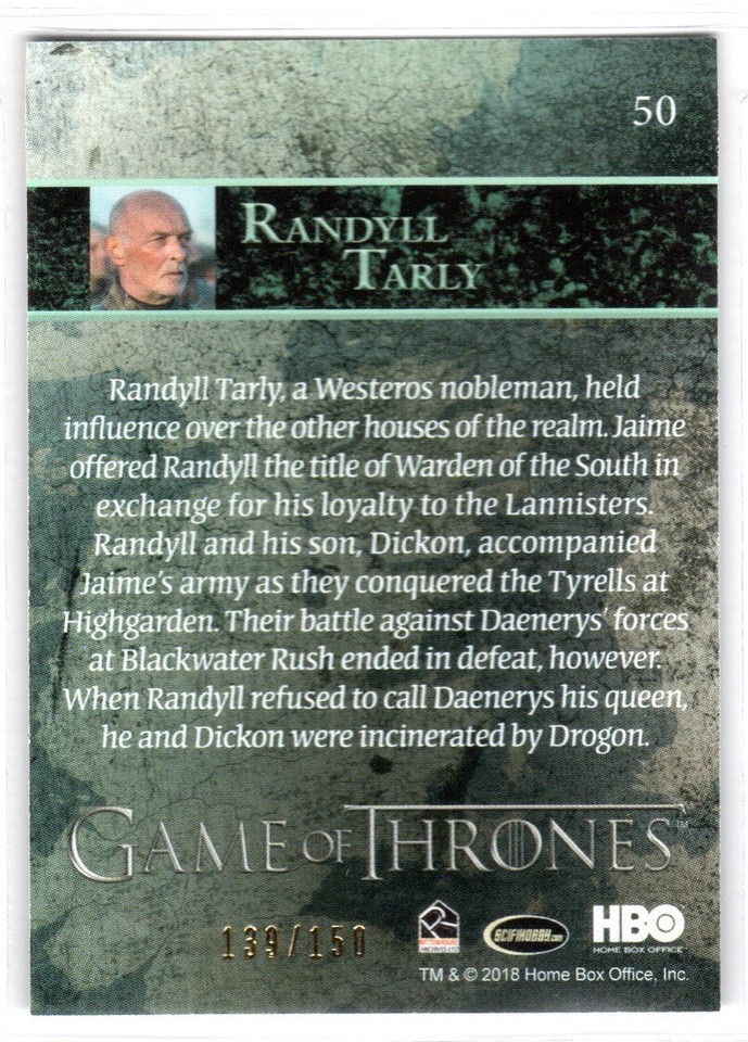 GAME OF THRONES SEASON 7 GOLD PARALLEL BASE INSERT #50 RANDYLL TARLY ...