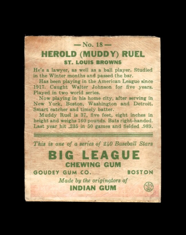 1933 Goudey Set-Break # 18 Muddy Ruel LOW GRADE (filler) *GMCARDS* | eBay