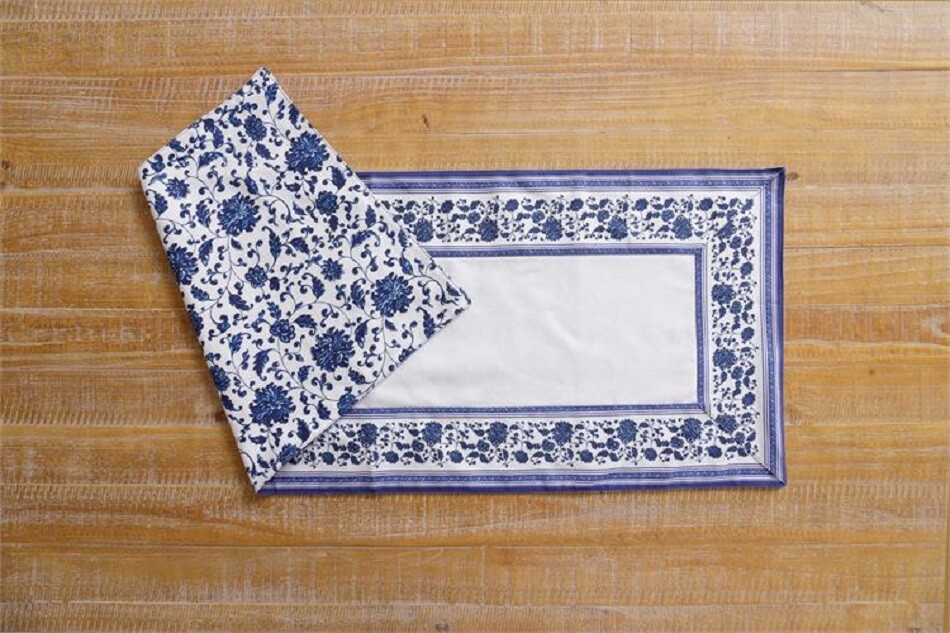 NEW Farmhouse Blue Floral TABLE RUNNER 14"x36" Canton Reversible Cotton ...