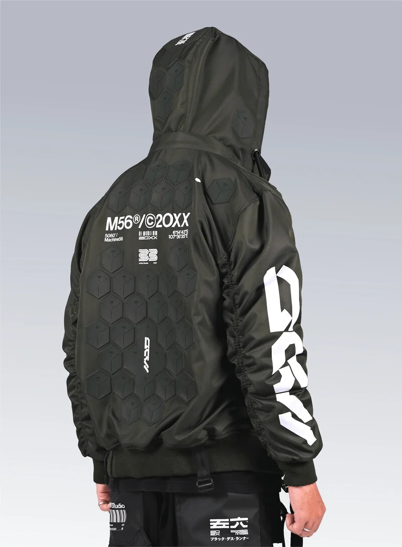 Men's Green OLV Jacket Hoodie Bomber Full Zip Techwear Machine56 B/TYPE ...