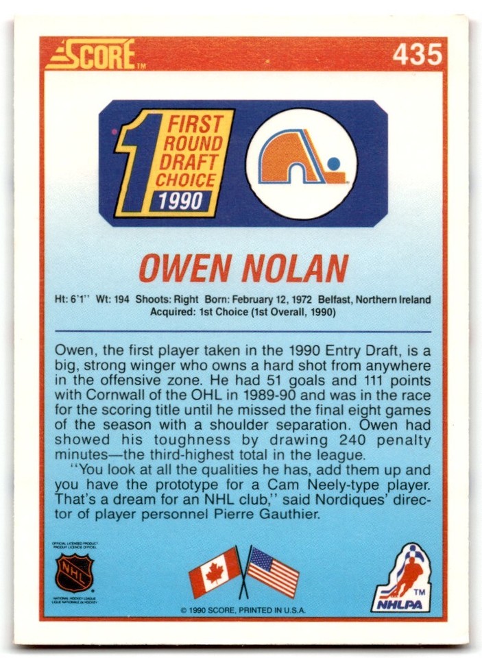 1990-91 Score Owen Nolan Rookie Quebec Nordiques #435 | eBay