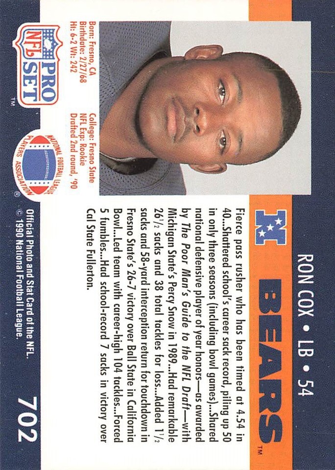 1990 Pro Set #702 Ron Cox Chicago Bears | eBay