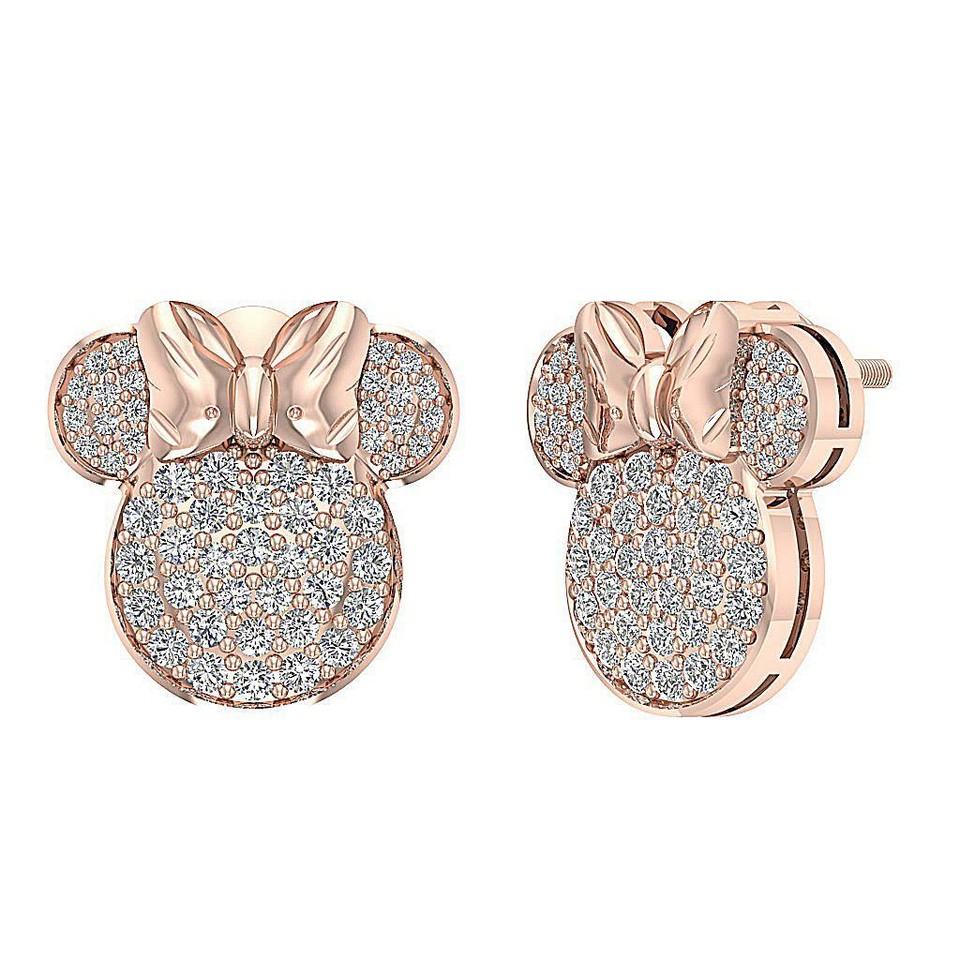 VVS1 F 1.20Ct Natural Diamond Minnie Mouse Earrings Stud 14K Gold Pave ...