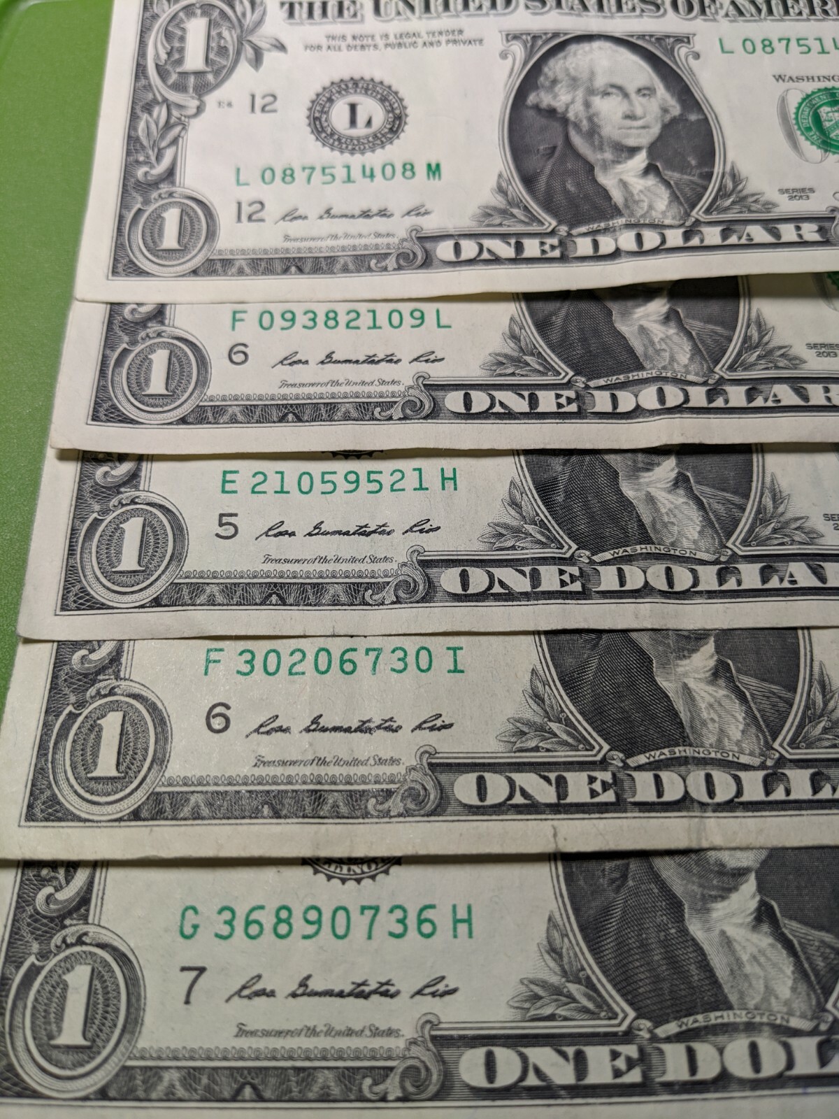 $1 One Dollar Bills Collection; Five Banknotes with"Book Ends" Fancy ...