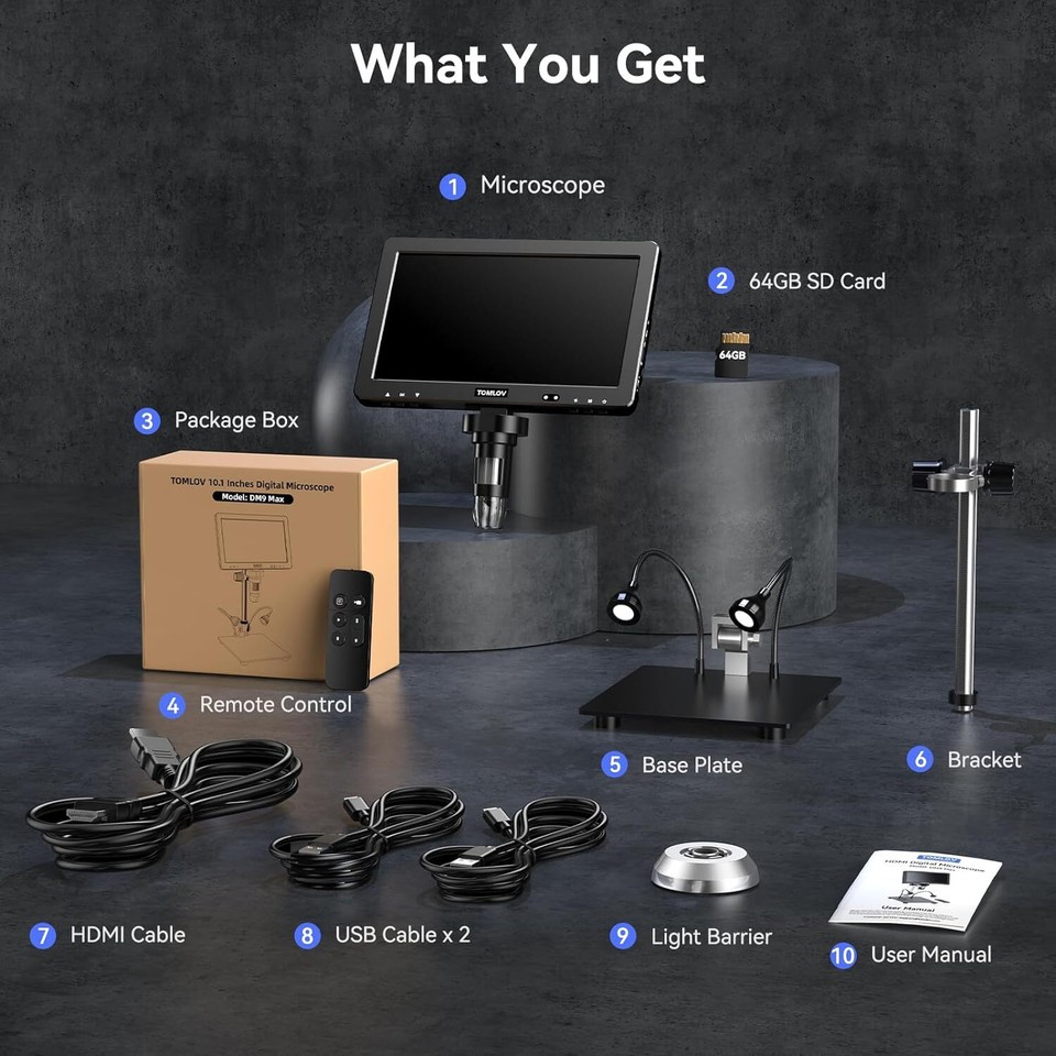 TOMLOV DM9 Max Digital Microscope HDMI 10" 1500X Magnifier 20MP Coin ...