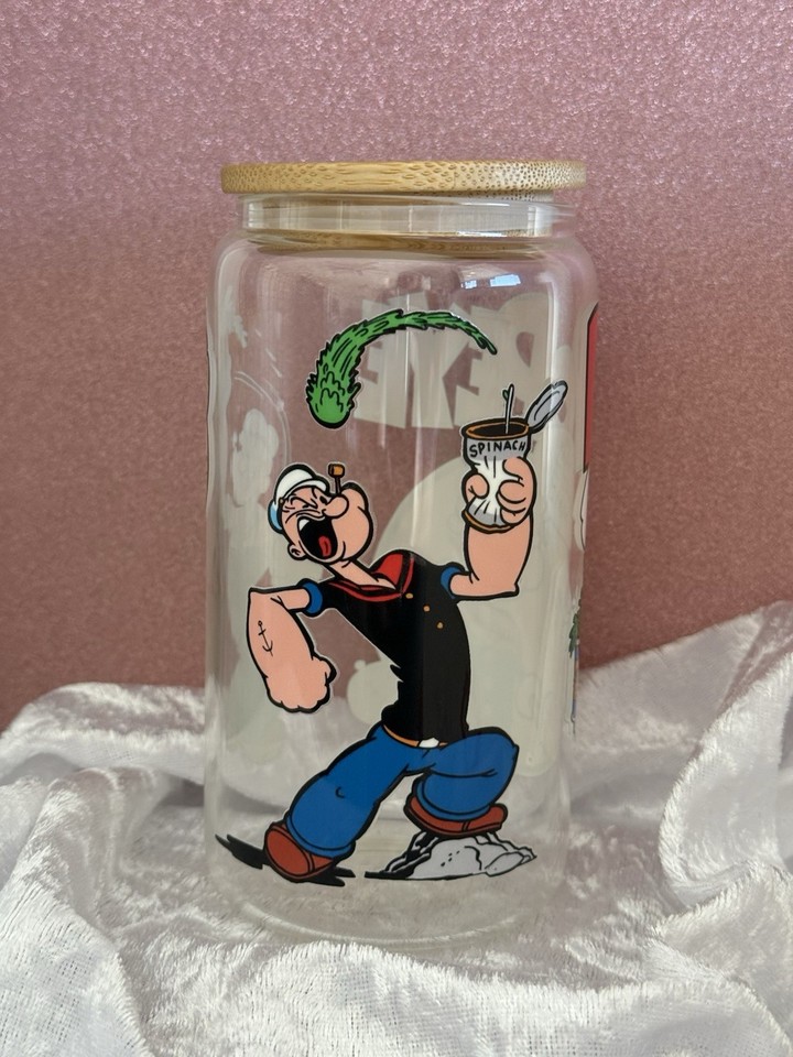 16 oz Popeye Glass Can With Lid Tumbler | eBay