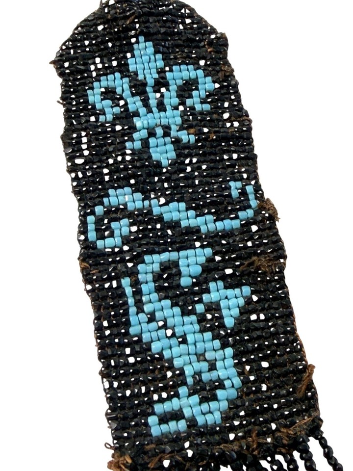 Victorian Seed Bead Watch Fob Fleur De Lis 6" Black Blue Design Antique ...