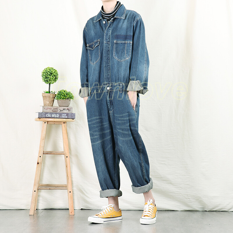 Men Denim Loose Casual Overall Jumpsuit Jeans Coat Suspender Romper ...