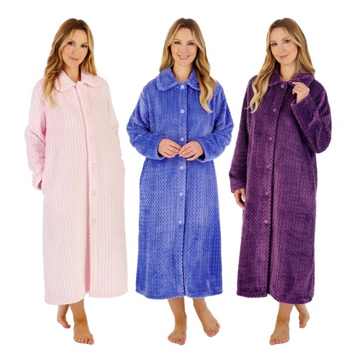 Slenderella Button Dressing Gown Zig Zag Fleece Long Sleeve Bath Robe ...
