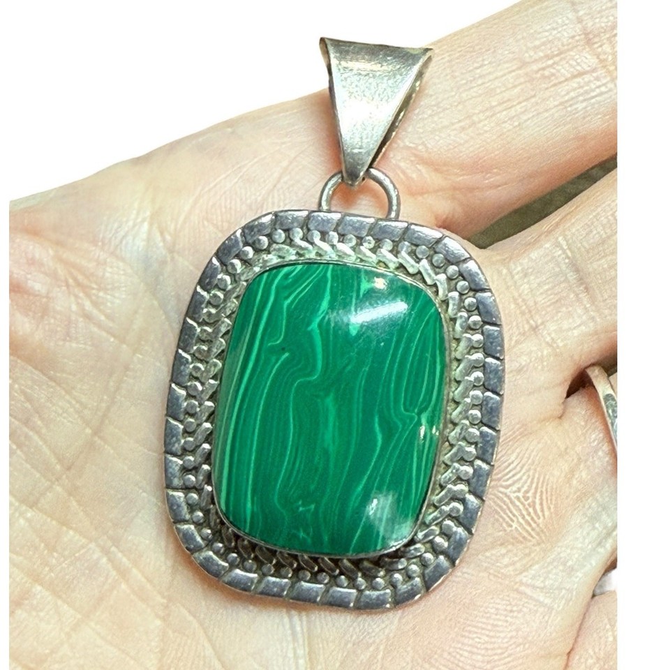 Vtg Green Malachite Stone 925 Sterling Silver Pendant Mexico ATI 2 ...