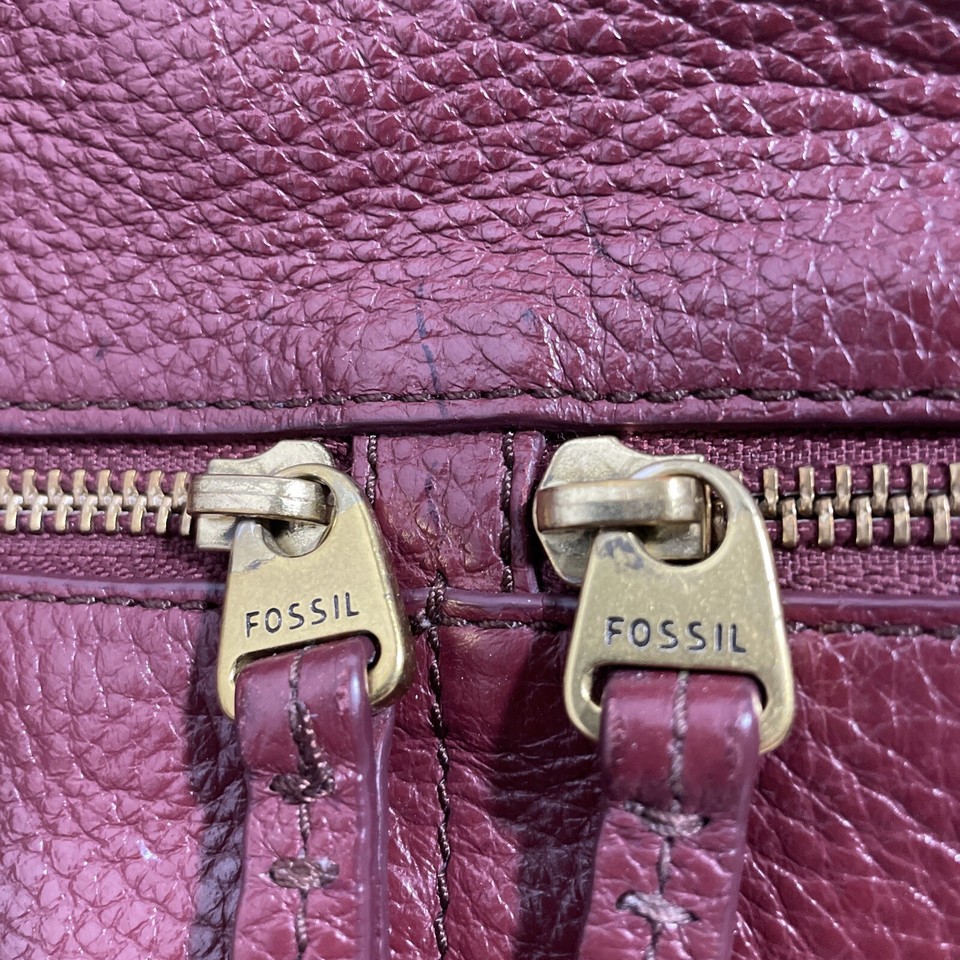 Fossil Red/Burgundy Purse Cross Body Pebble Leather Metal Zippers ...