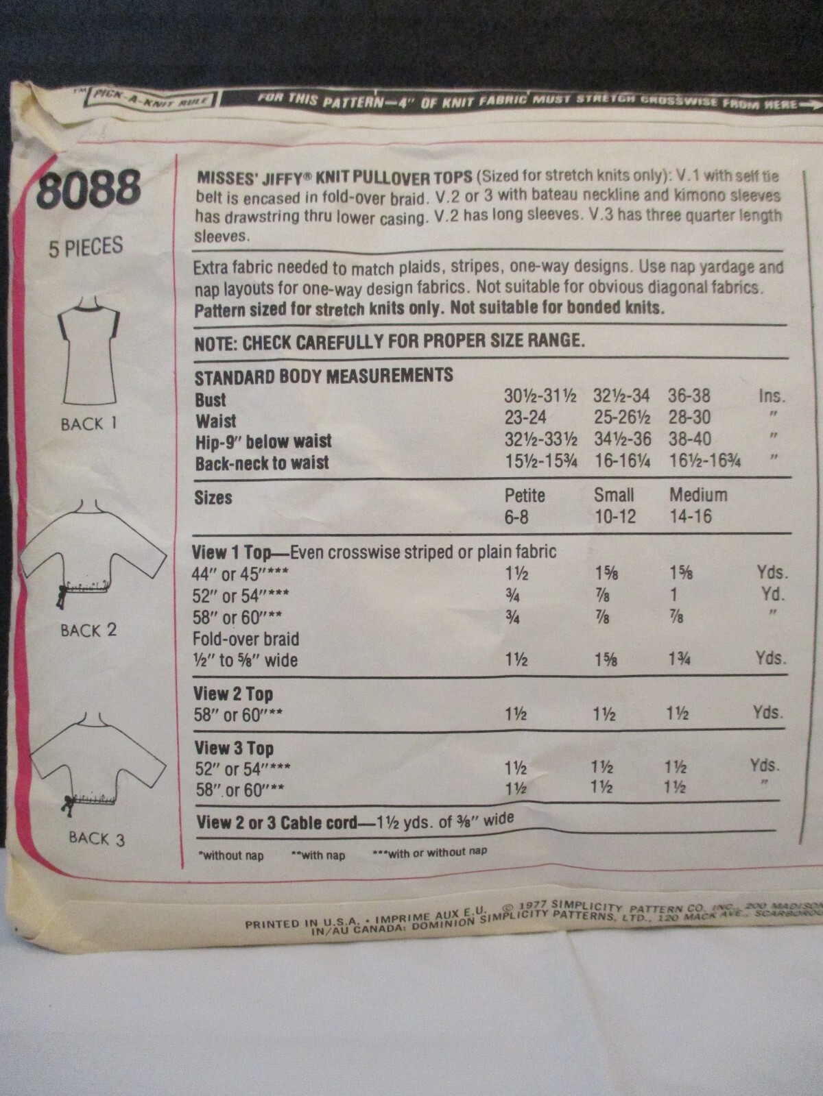 Simplicity Jiffy Pattern 8088 Miss Size S (10-12) Knit Pullover Tops ...