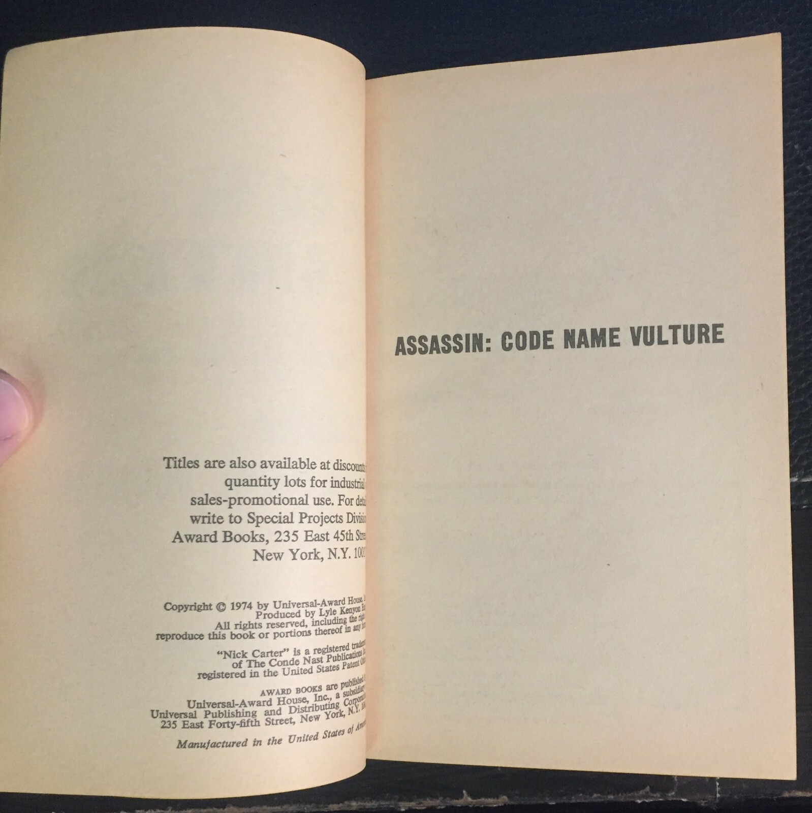 Assassin: Code Name Vulture by Nick Carter [1974 Award 1st Ed. pb ...