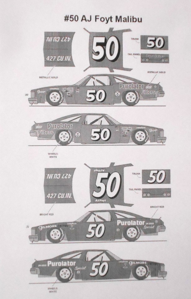 NASCAR DECAL #50 PUROLATOR / GILMORE RACING 1973-1974 GOLD CHEVELLE AJ ...