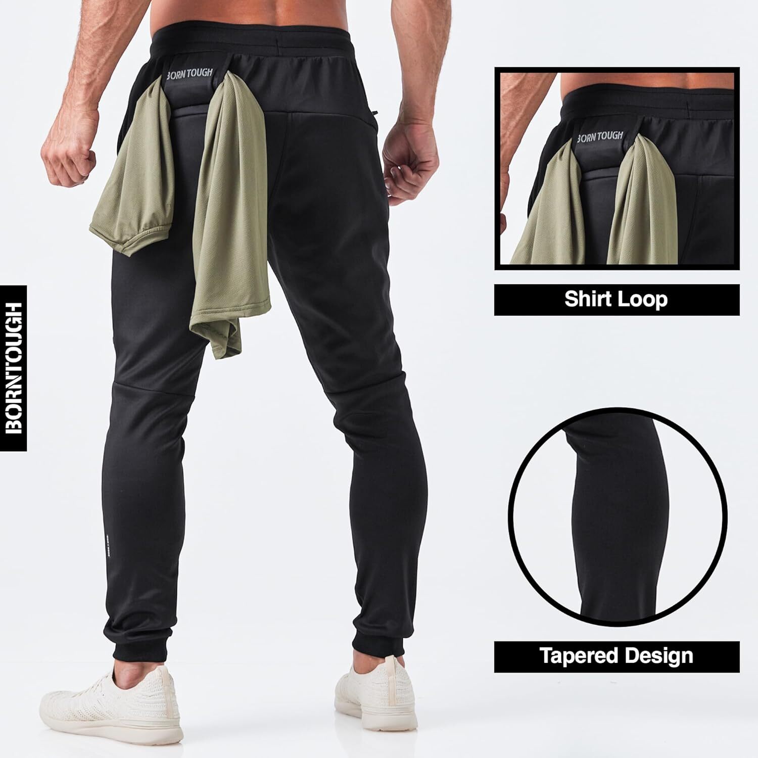 Born Tough Slim-Fit Mens Workout Joggers Pants, Tapered Medium, Black ...