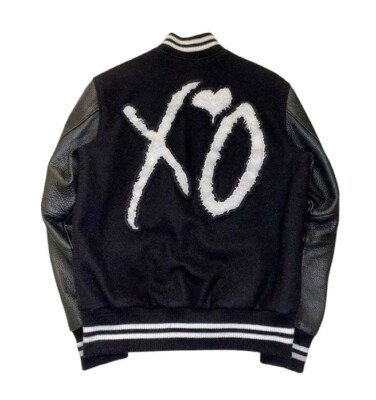 Mens The Weeknd XO Bomber Jacket | Black Wool leather Lettermen Varsity ...