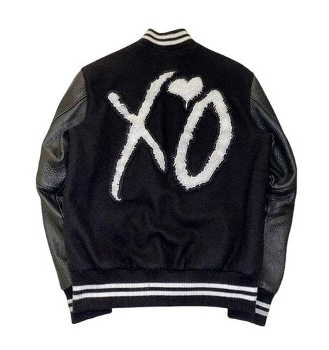 Mens The Weeknd XO Bomber Jacket | Black Wool leather Lettermen Varsity ...