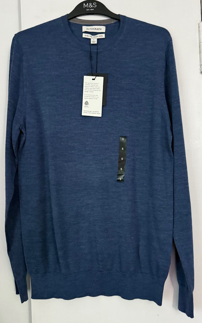 BNWT M&S Autograph mens gents blue pure extra fine merino wool crew ...