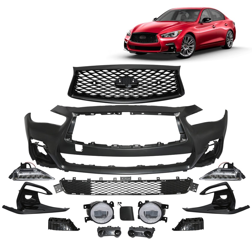 Front Bumper Cover W/Upper Lower Grille Fog For Infiniti Q50 Q50s ...