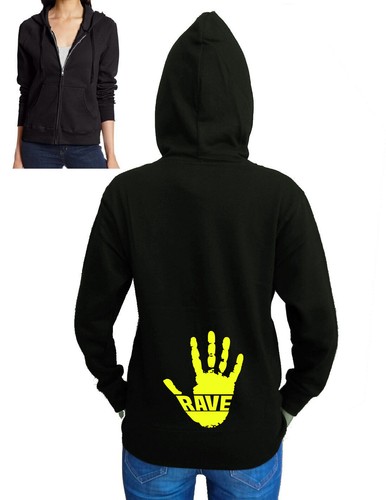 New Junior's Rave Handprint Black Fleece Zipper Hoodie Dance Music Neon ...