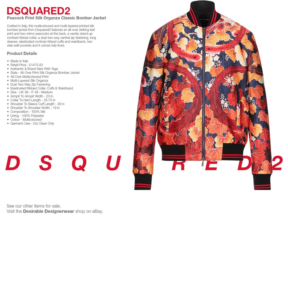 DSQUARED2 Jacket Silk Autumn Peacock Print Bomber Jacket Size 48 - RP £1475.00 | eBay
