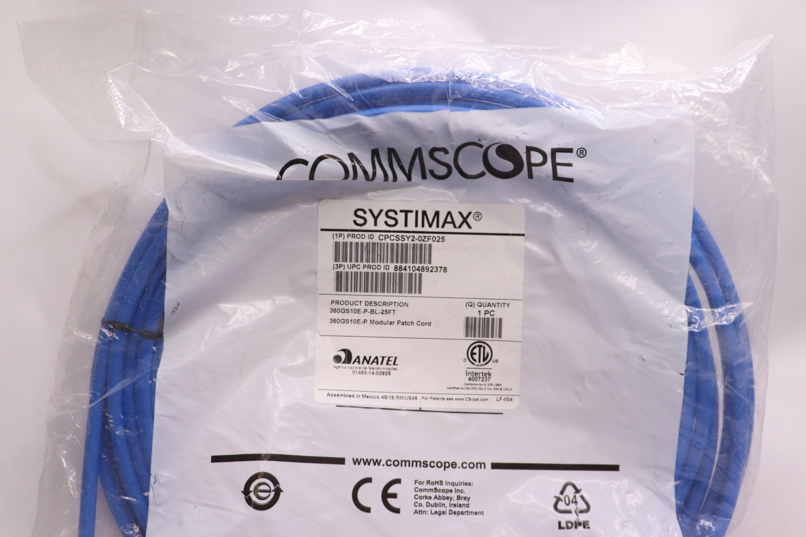 Commscope Patch Cord Jacket Color Blue 25 Ft Cord Length CPCSSY2-0ZF025 ...
